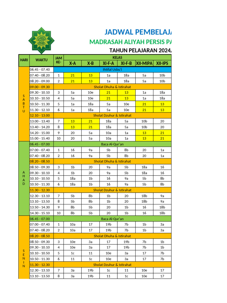 Jadwal Pelajaran TP. 2024-2025 Rev 1 | PDF