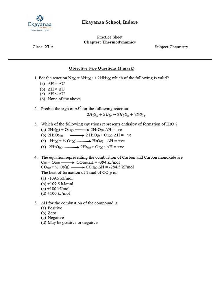 Practice Sheet Thermodynamics | PDF | Gibbs Free Energy | Enthalpy