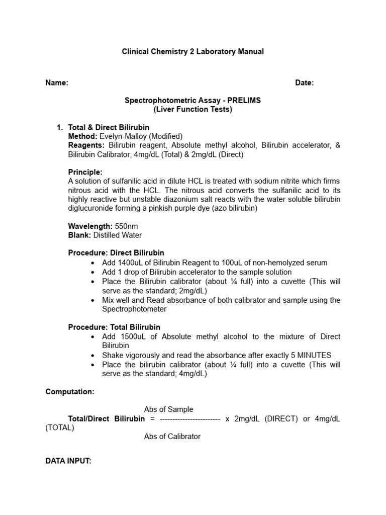 Lab Worksheet (Analytes-Liver Function Test Prelims) | PDF | Alanine ...