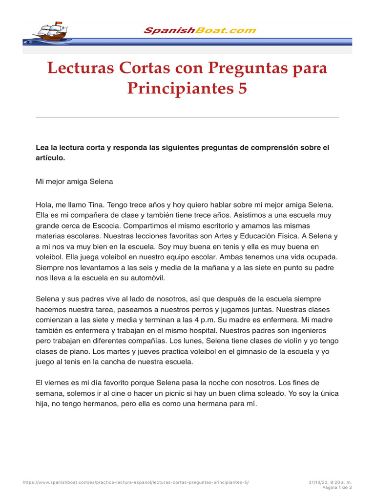 Lecturas Cortas Con Preguntas para Principiantes 5 - SpanishBoat | PDF ...