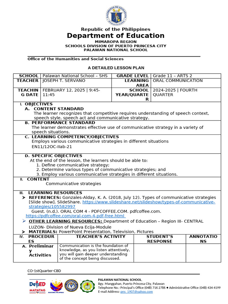 Detailed Lesson Plan: Oral Communication | PDF | Communication | Nonverbal Communication