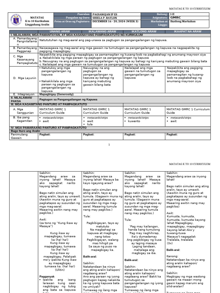 DLL Matatag GMRC 1 q3 w3 | PDF