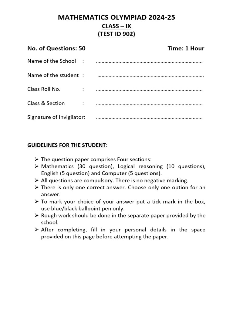 Class IX Math Olympiad 2024-25 | PDF | Area | Byte