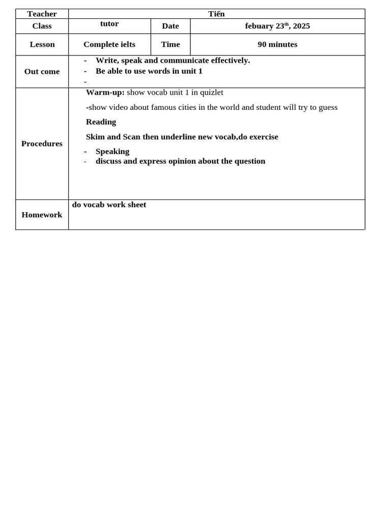 IELTS Lesson Plan: Vocabulary & Skills | PDF