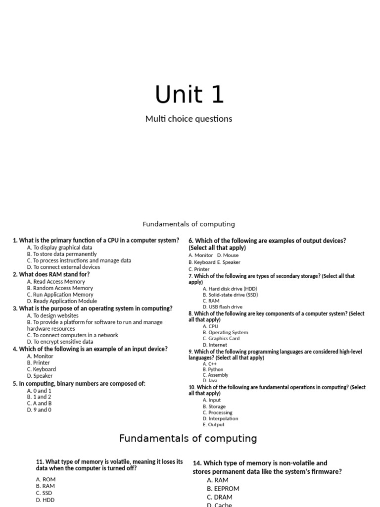 Unit1 MCQs | PDF | Computer Data Storage | Random Access Memory
