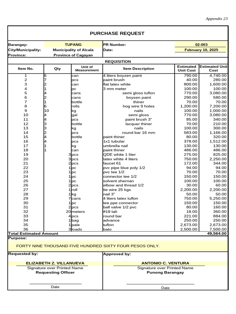 Appendix 23 Bgy Purchase Request | PDF | Gas Technologies | Plumbing