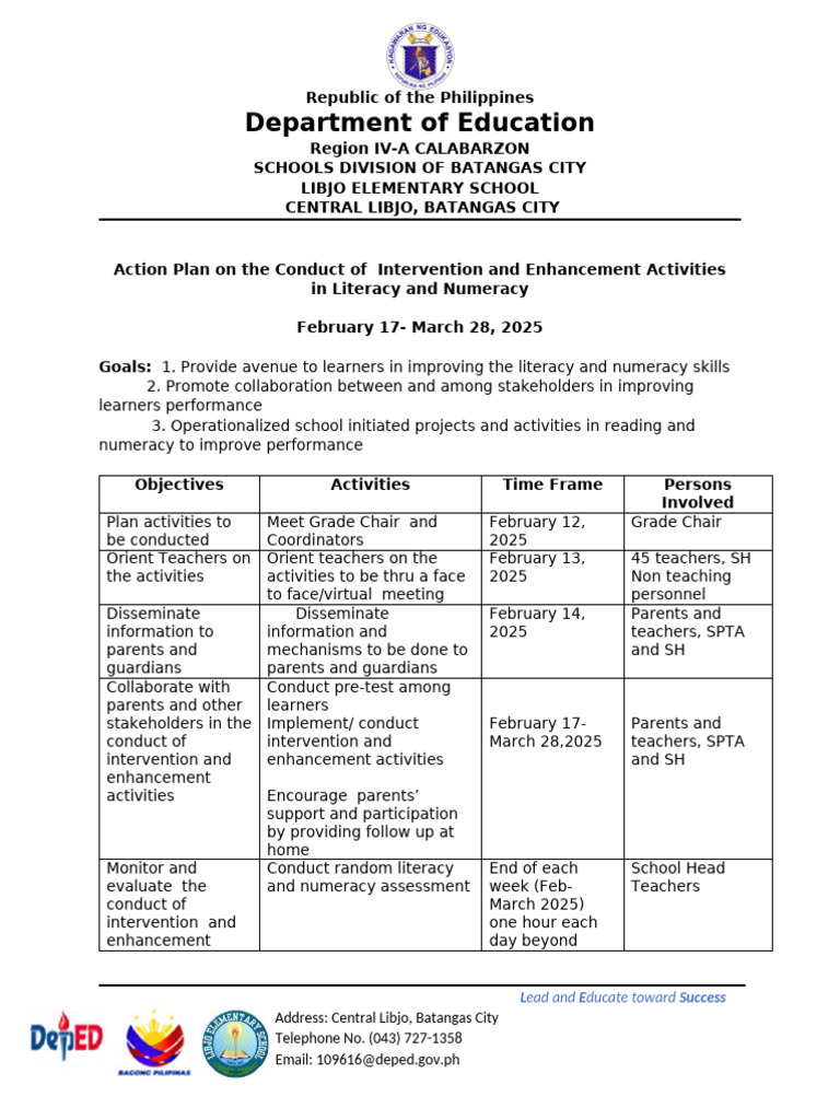 Action Plan On Enhancement Activities in Literacy and Numeracy | PDF ...