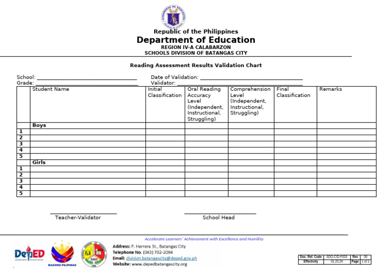 Reading Assessment Results Chart | PDF