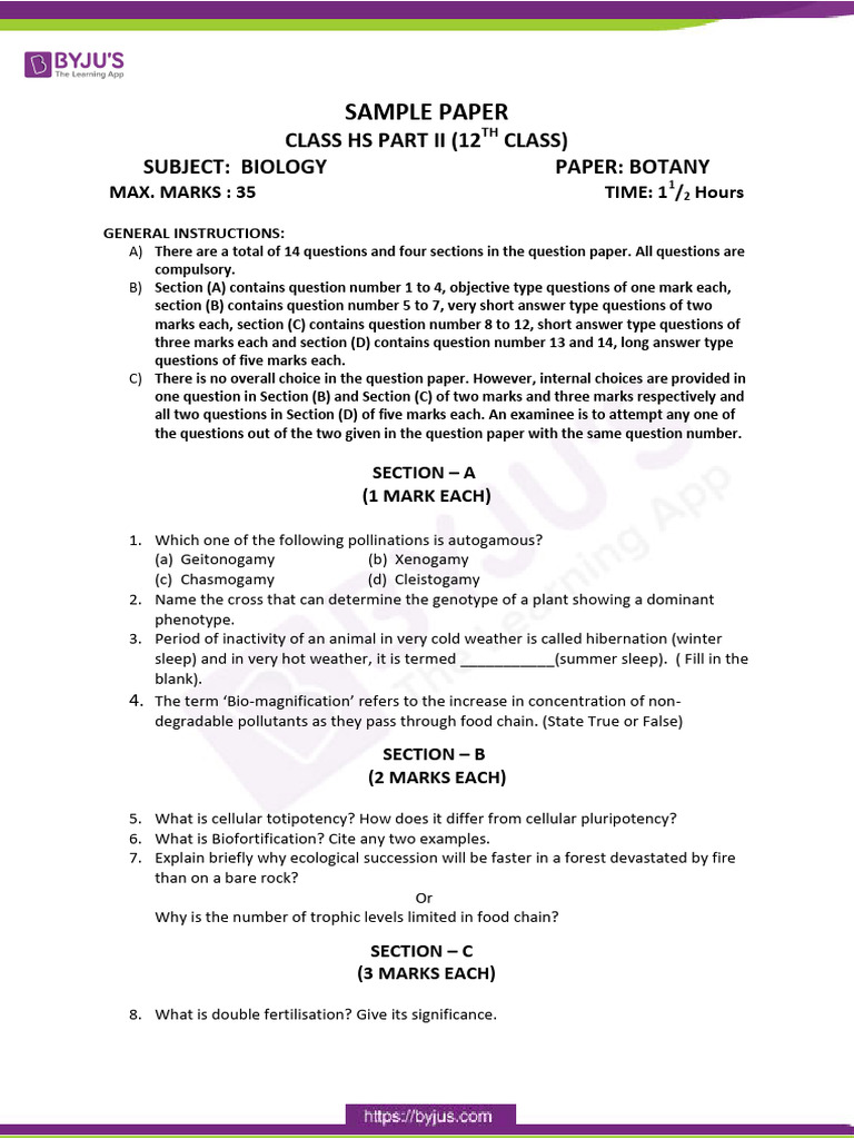 Class 12 Biology Botany Sample Paper | PDF | Dominance (Genetics) | Biology