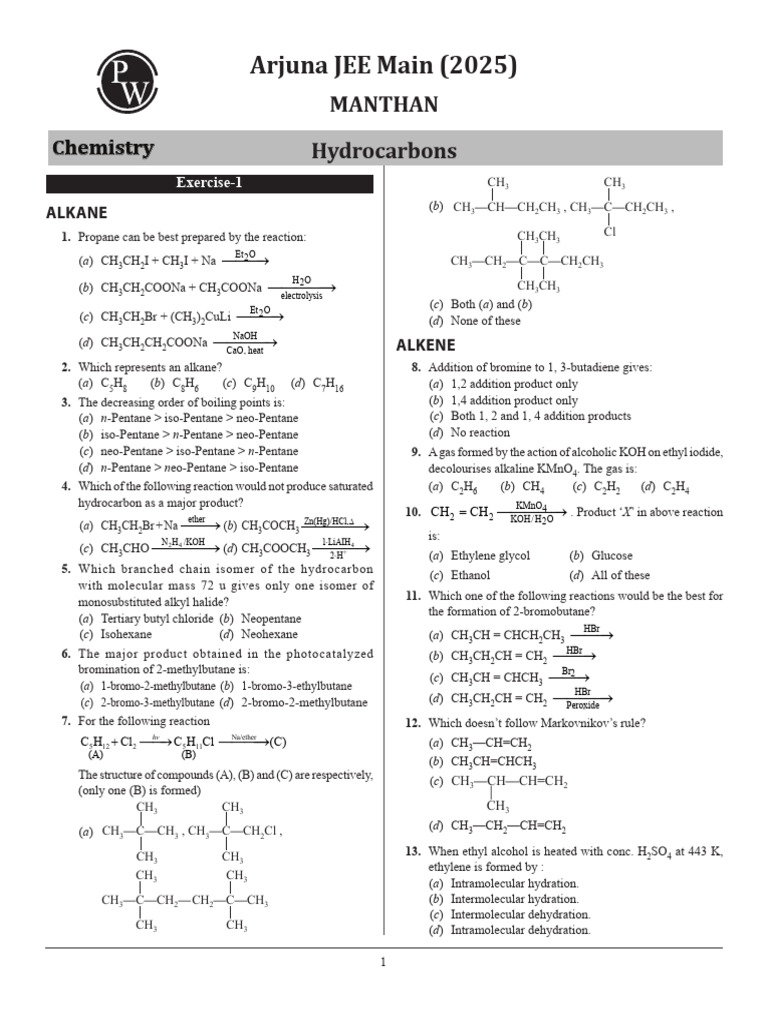 Hydrocarbon - JEE Main Practice Sheet | PDF | Alkene | Conformational Isomerism