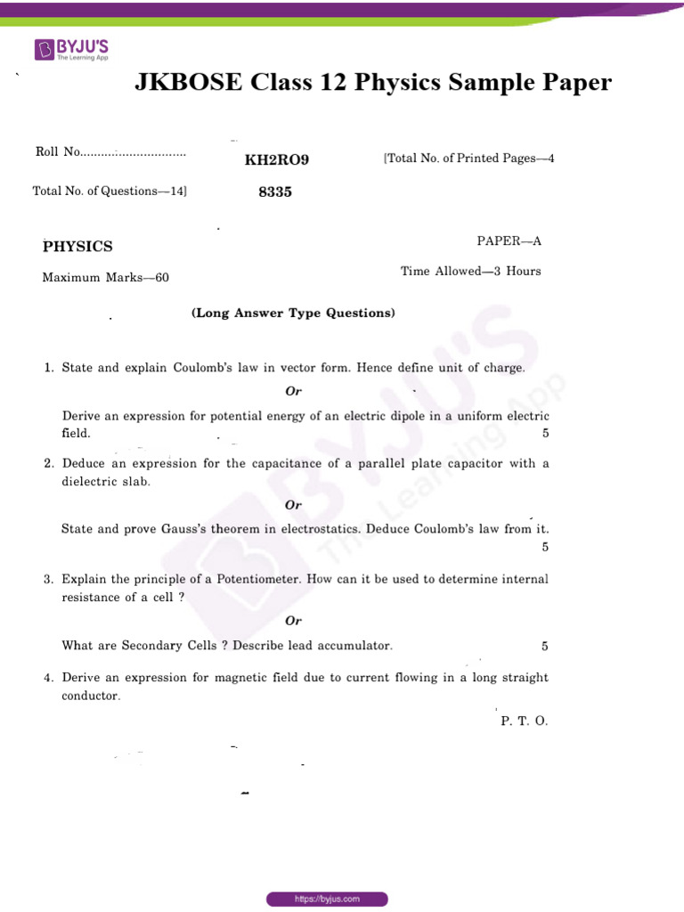 JKBOSE Class 12 Physics Sample Paper 3 | PDF | Electromagnetism | Electricity