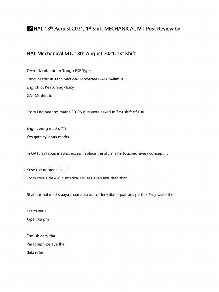 HAL MT 13 Aug 2021 Mech Review | PDF