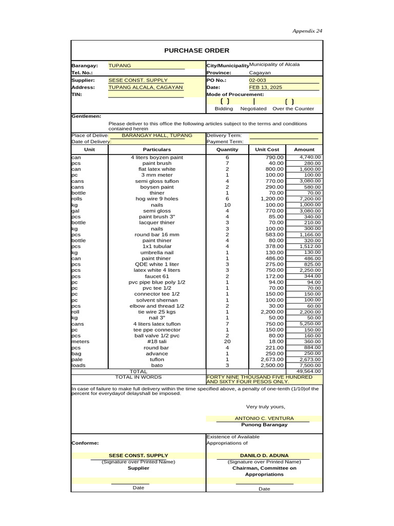 Appendix 24 Bgy Purchase Order | PDF