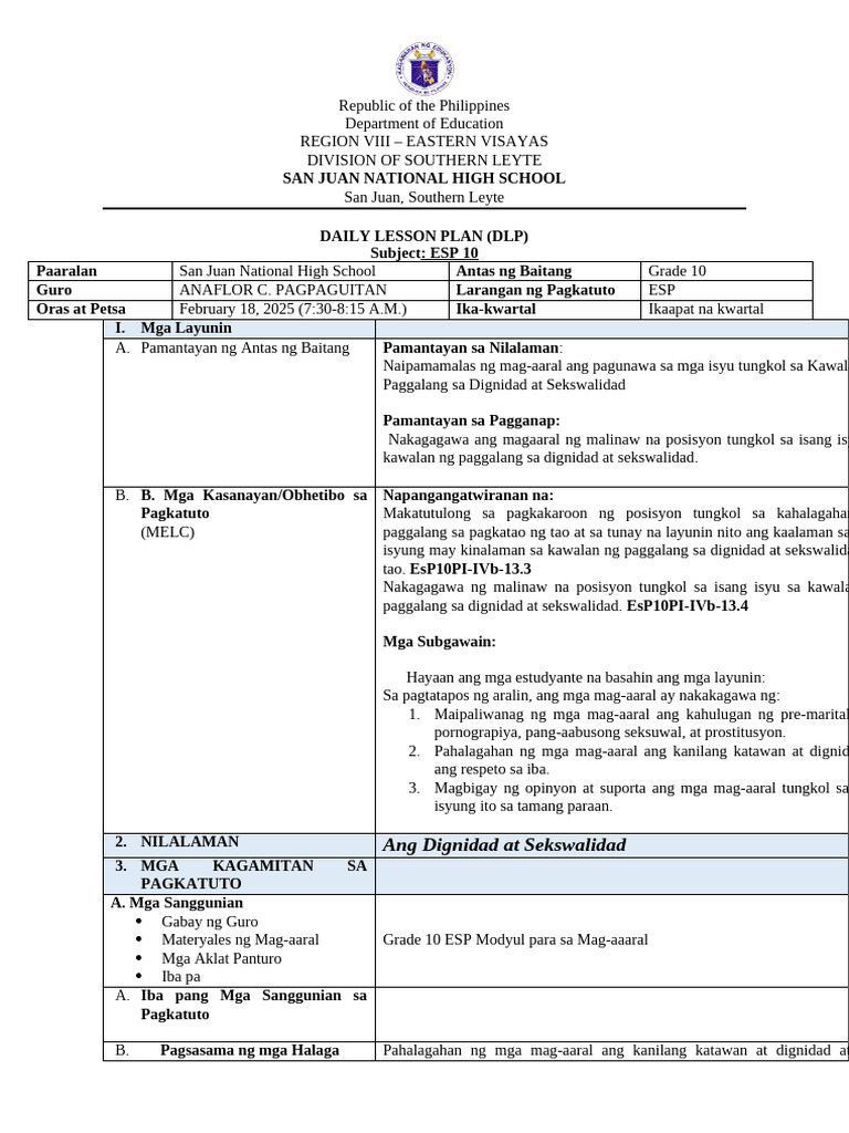 ESP DLP WEEK 1 PART 2 Quarter 4 Sekswalidad at Dignidad | PDF