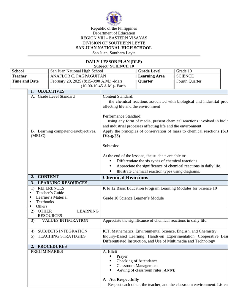 Science-10-Lesson-Plan-Q4-W2-Chemical Reactions | PDF | Chemical ...