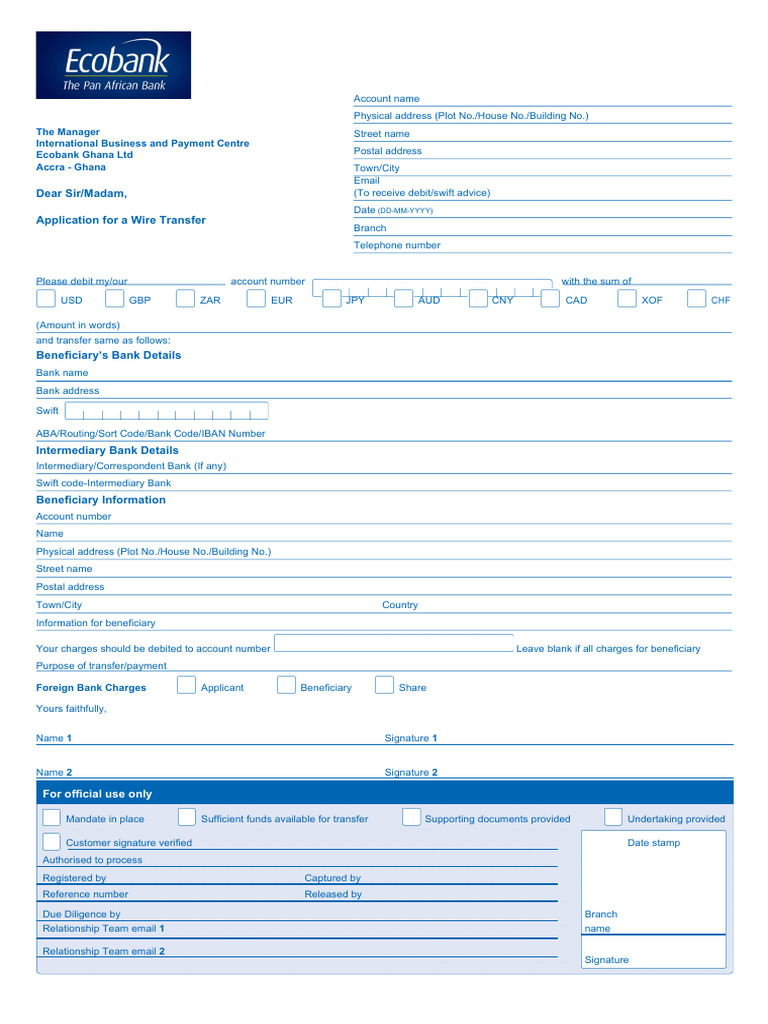 Wire Transfer Application Template | PDF | Dividend | Banks
