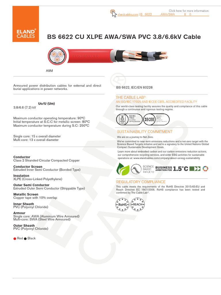 bs6622 3 8 6 6kv Xlpe Awa Swa PVC Cable | PDF | Polyvinyl Chloride | Electrical Conductor