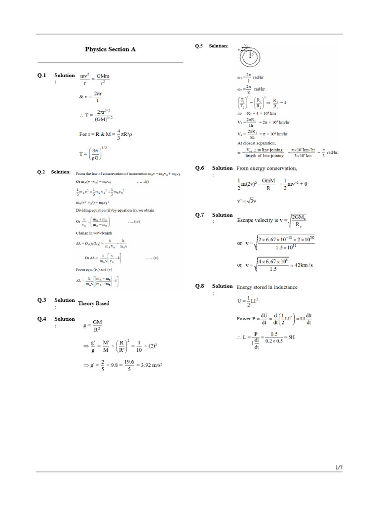 Physics Solutions for Gravitational Problems | PDF | Electron | Mass