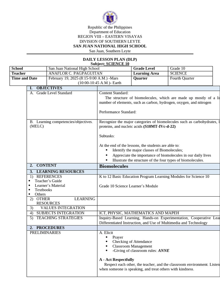 Science 10 Lesson Plan Q4 w2 Biomolecules | PDF | Biomolecules | Lipid