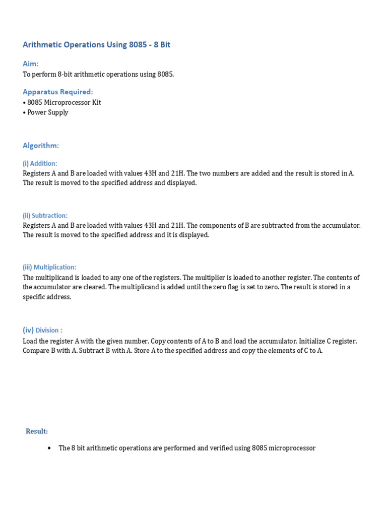 8085 8-Bit Arithmetic Operations | PDF | Multiplication | Arithmetic