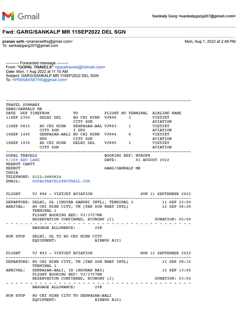 BALI Ticket - GARG - SANKALP MR 11SEP2022 DEL SGN | PDF | Airlines | Civil Aviation