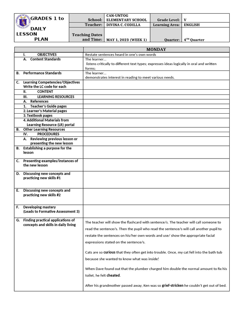 Grade 5 DLL English 5 Q4 Week 1-D1 | PDF | Learning | Teachers