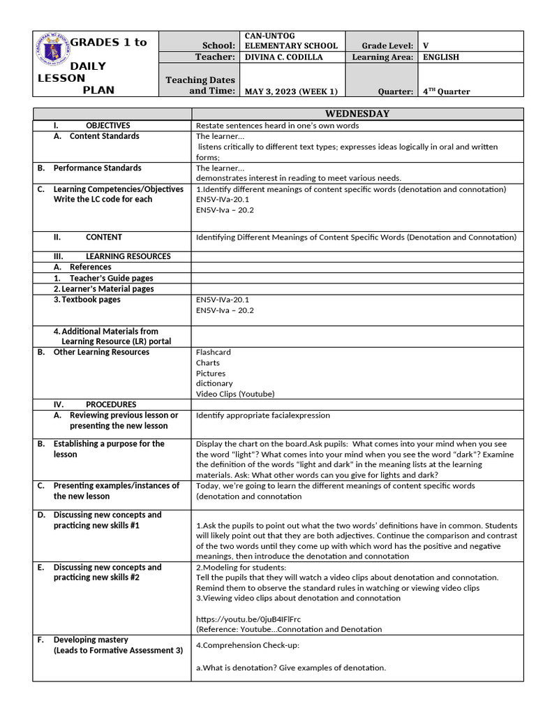 Grade 5 English Lesson Plan on Denotation | PDF | Learning | Teachers