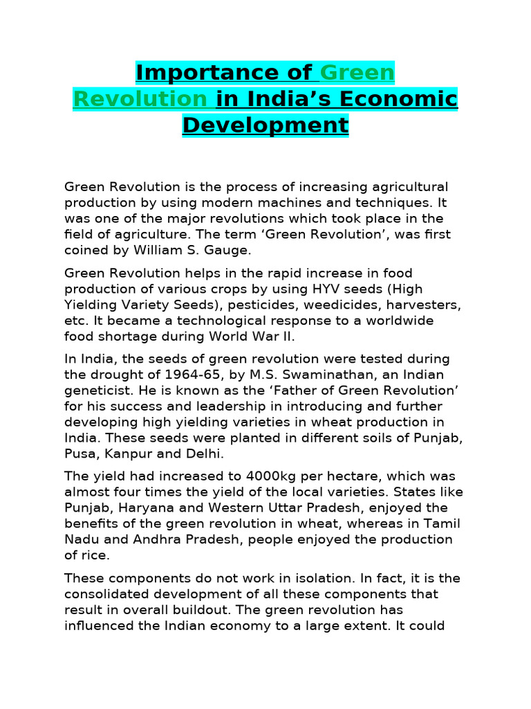 Importance of Green Revolution in India | PDF