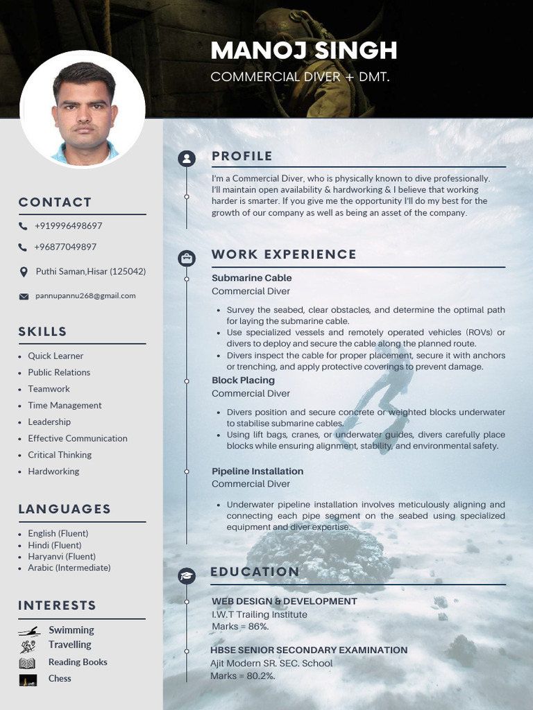 Manoj Diver cv | PDF | Underwater Diving