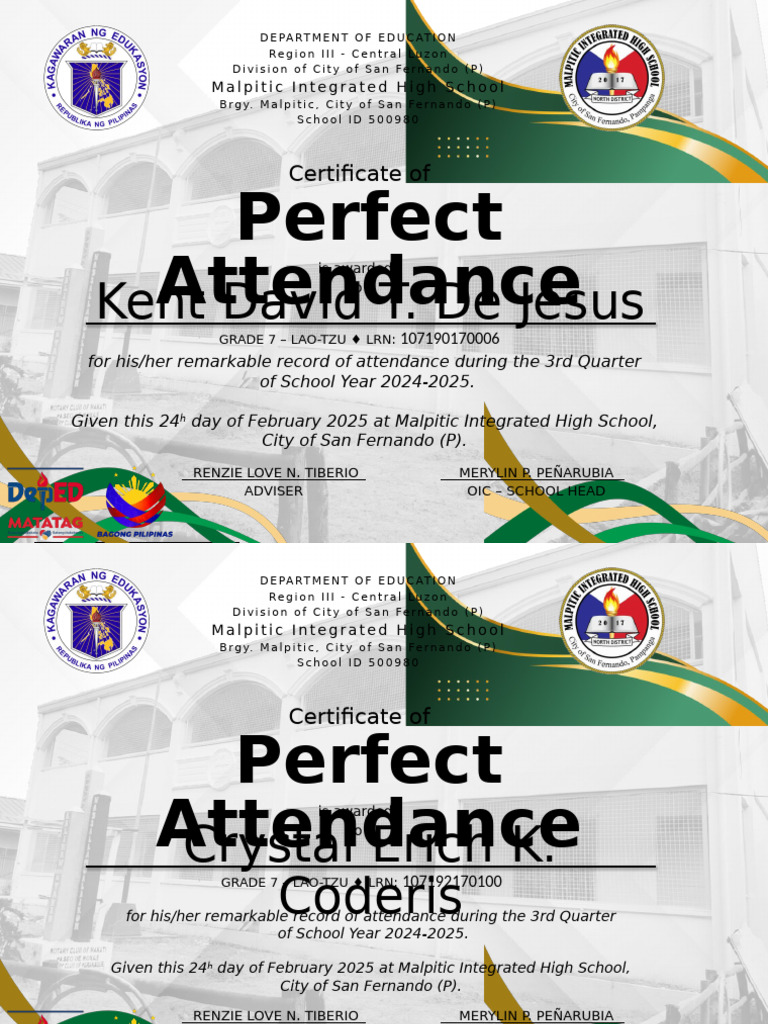 Perfect Attendance Certificates 2024-2025 | PDF