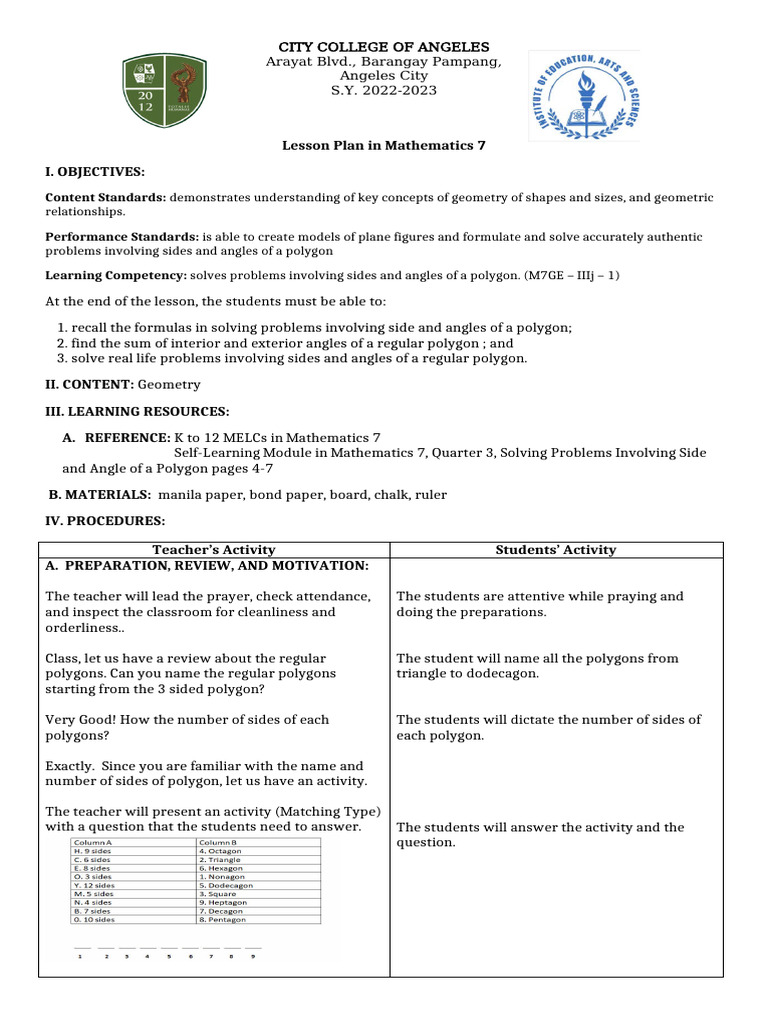 Detailed Lesson Plan in Math8 Week8 9 | PDF | Polygon | Angle