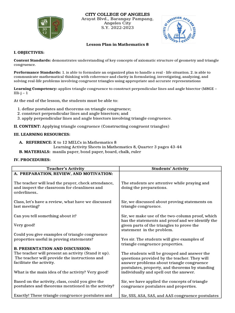 Detailed Lesson Plan in Math8 Week7 | PDF | Perpendicular | Triangle