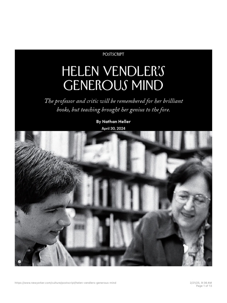 Helen Vendler: A Generous Mind in Poetry | PDF | Poetry