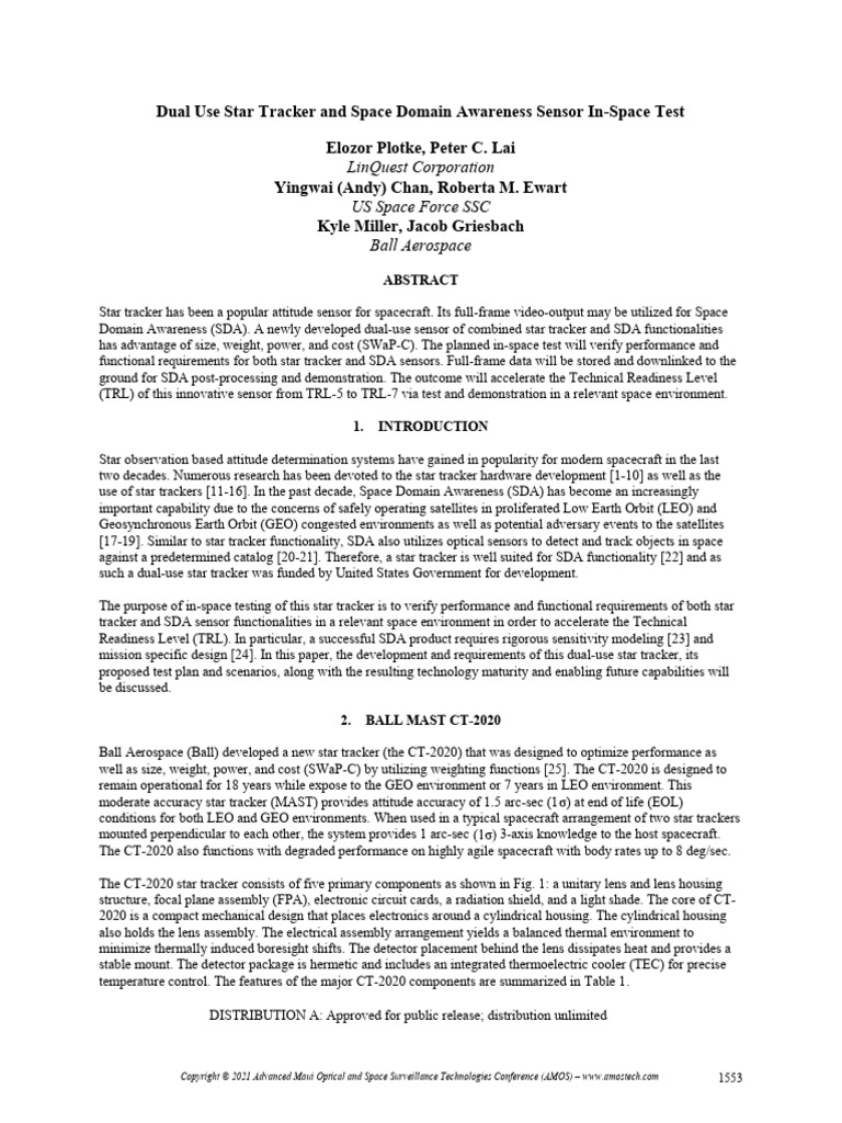 Dual Use Star Tracker and SDA Sesnsor In-Space Test | PDF | Telemetry