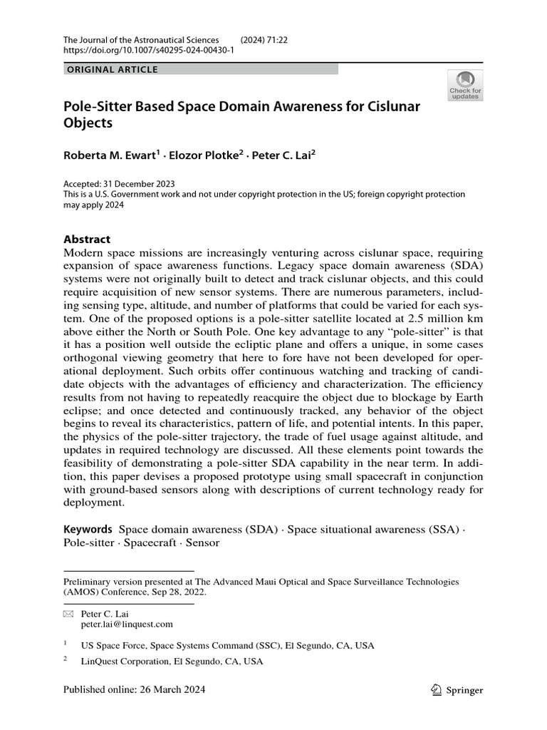 JASS - Pole Sitter Based Space Domain Awareness For Cislunar | PDF ...