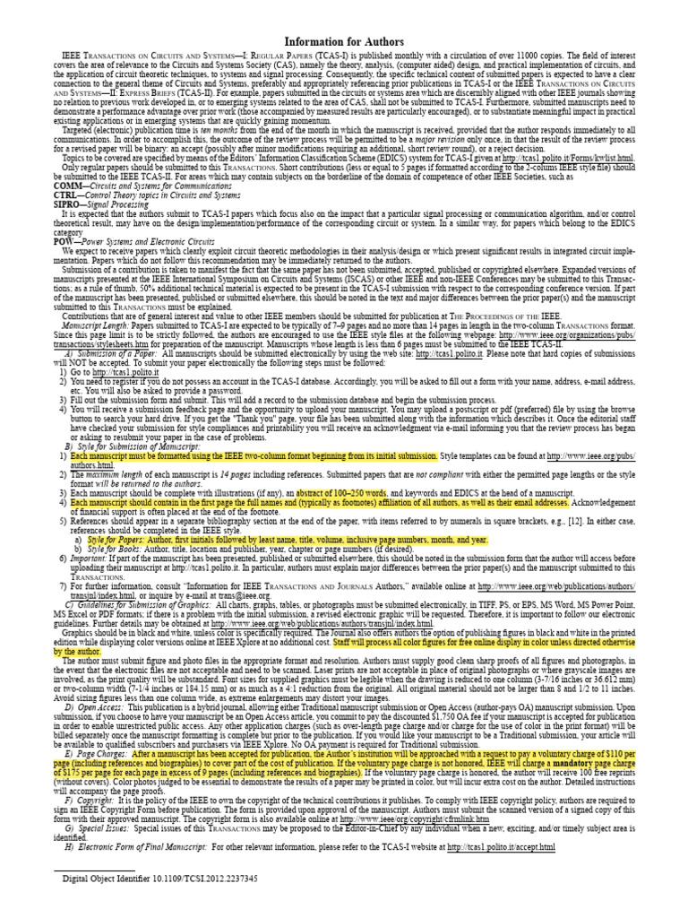Ieee Transactions On Circuits And Systemsi Regular Papers Information For Authors Pdf Open