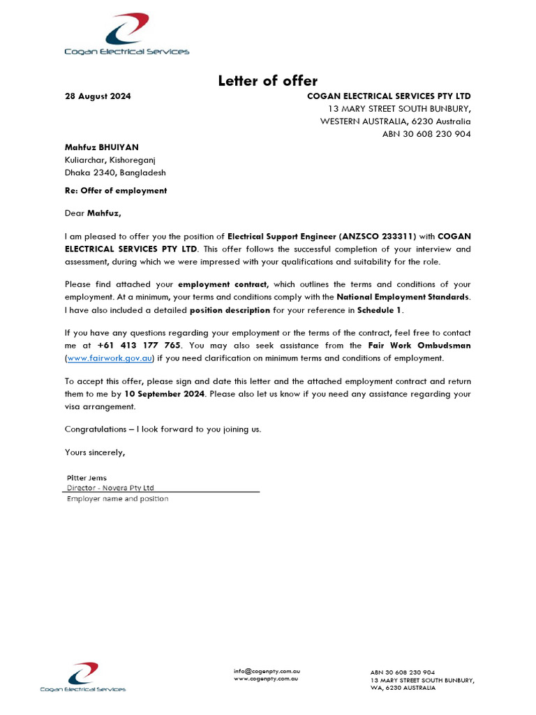 Letter of Offer Cogen ESE | PDF | Employment | Labour Law