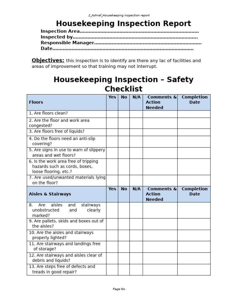 2 - Ashraf - Housekeeping Inspection Report | PDF | Housekeeping | Waste