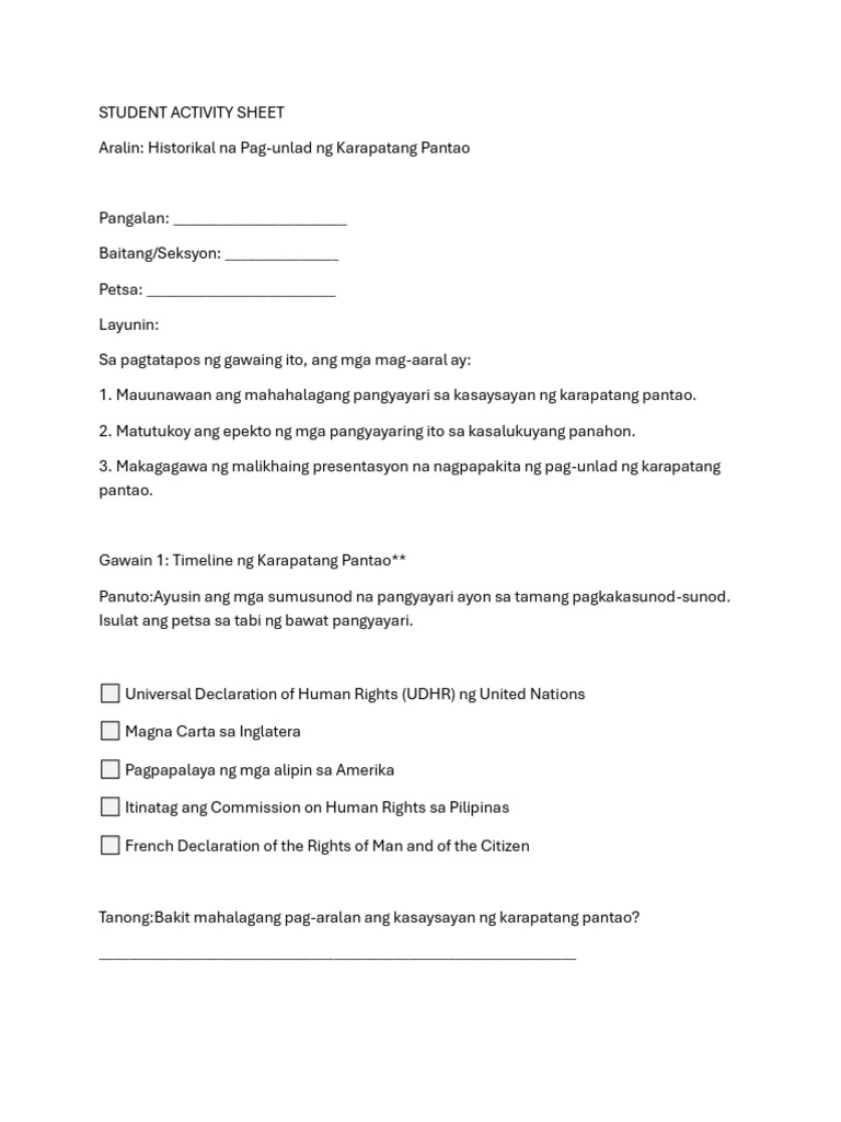 Mga Gawain Historikal Na Pag Unlad NG Karapatang Pantao | PDF