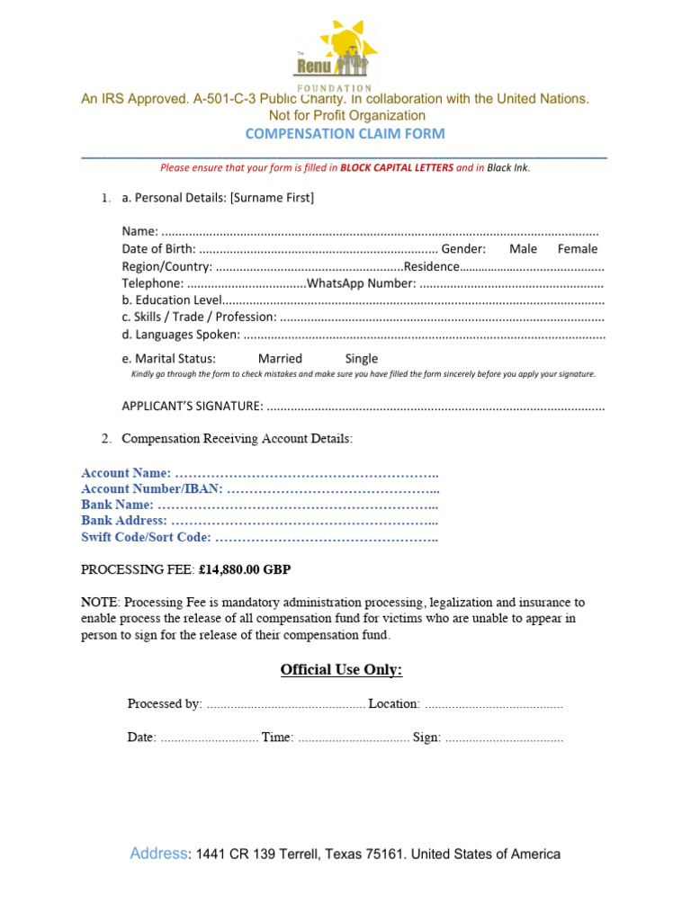 Renu Un Compensation Claim Form | PDF