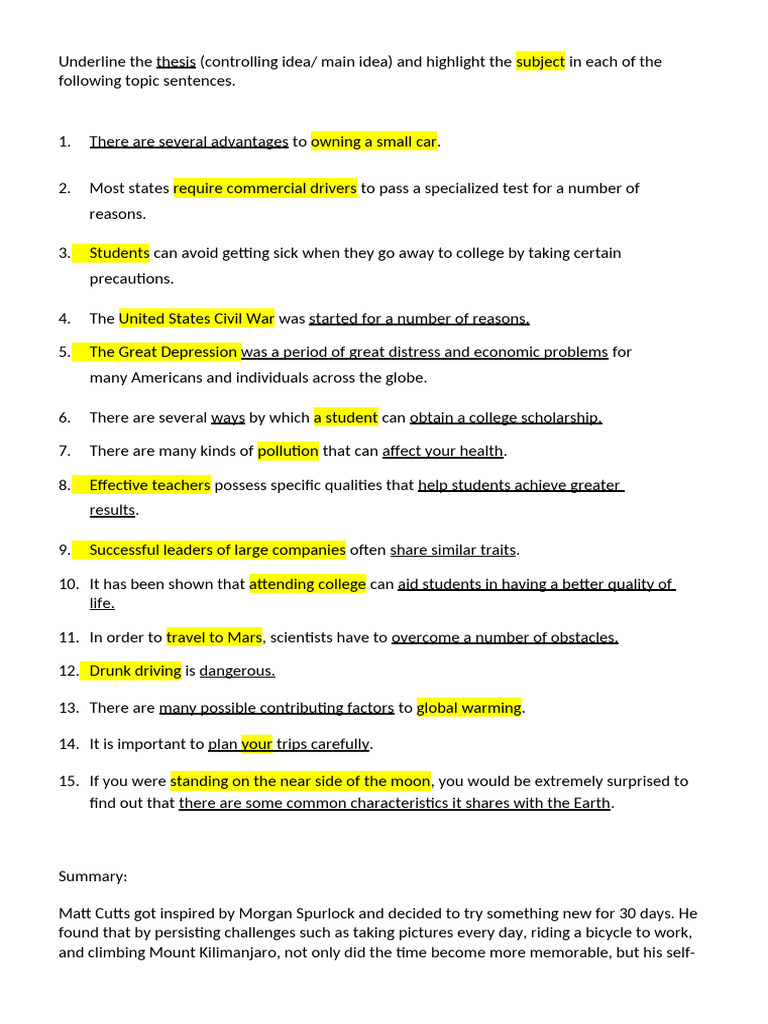 Topic Sentence Subject and Thesis Worksheet | PDF