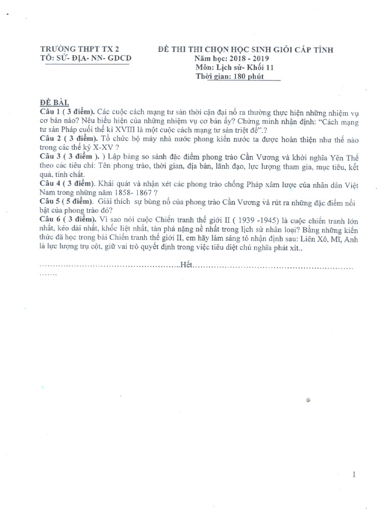 De Thi Chon HSG Tinh Lich Su 11 Nam 2018 2019 Truong Thuong Xuan 2 Thanh Hoa | PDF