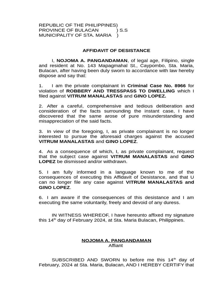 Affidavit of Desistance in Bulacan Case | PDF | Affidavit | Evidence