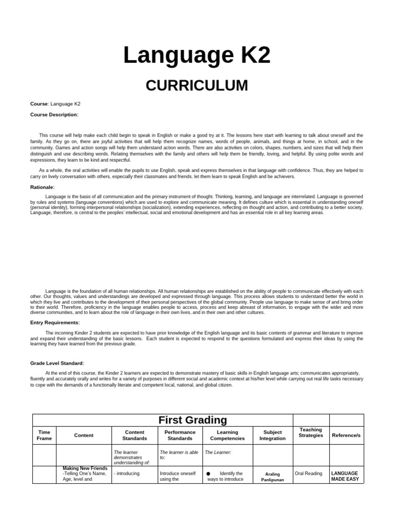 K2 Language Curriculum | PDF | Learning | Interpersonal Relationships