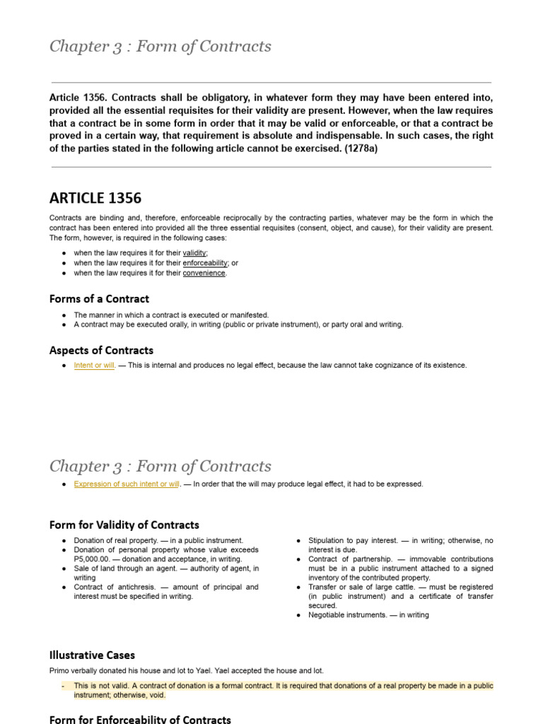 OBLICON Chapter 3 - Forms of Contracts | PDF | Business Law | Civil Law (Common Law)