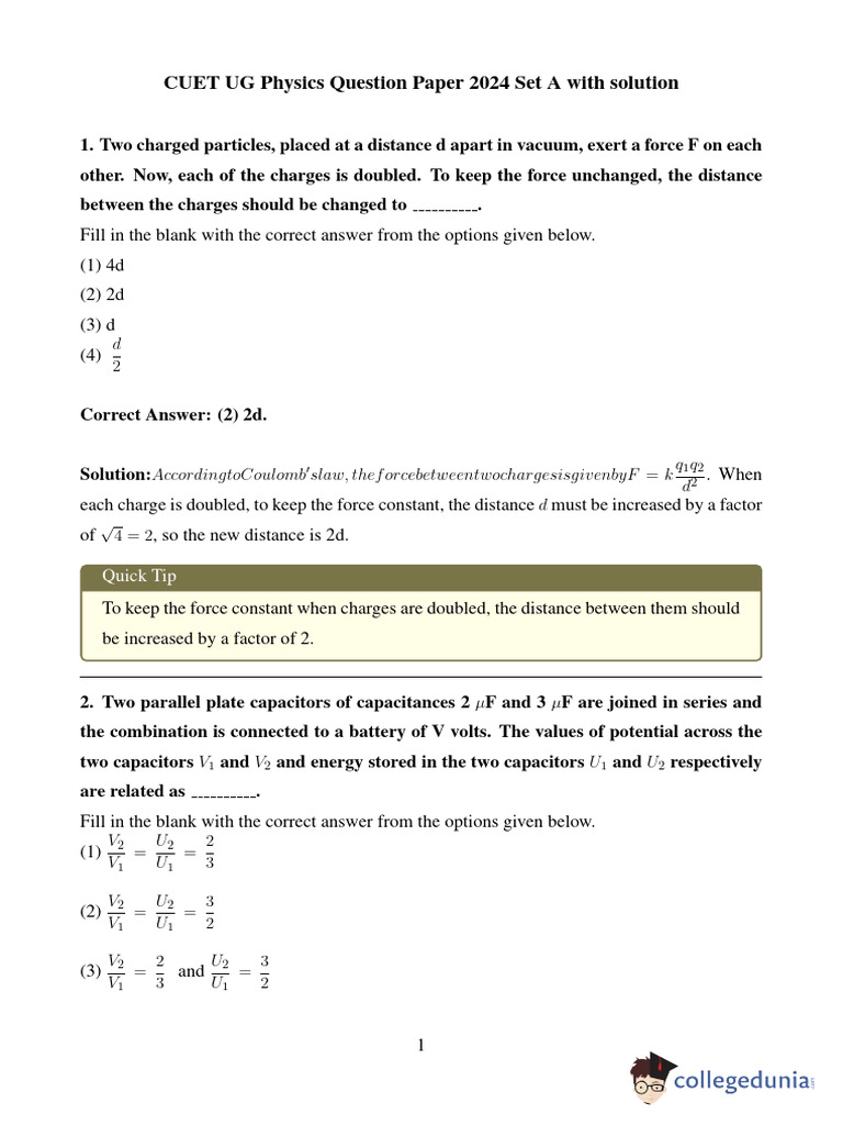 CUET UG Physics Question Paper 2024 Set A With Solution | PDF ...