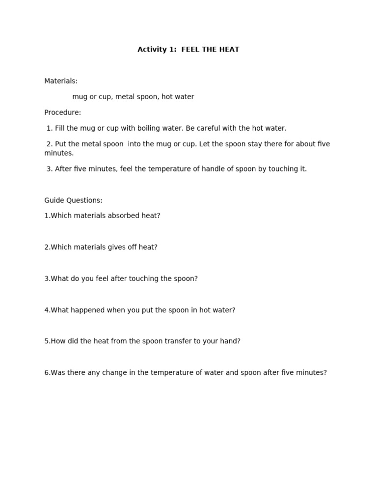 Activitysheet Heat Transfer | PDF | Spoon | Water