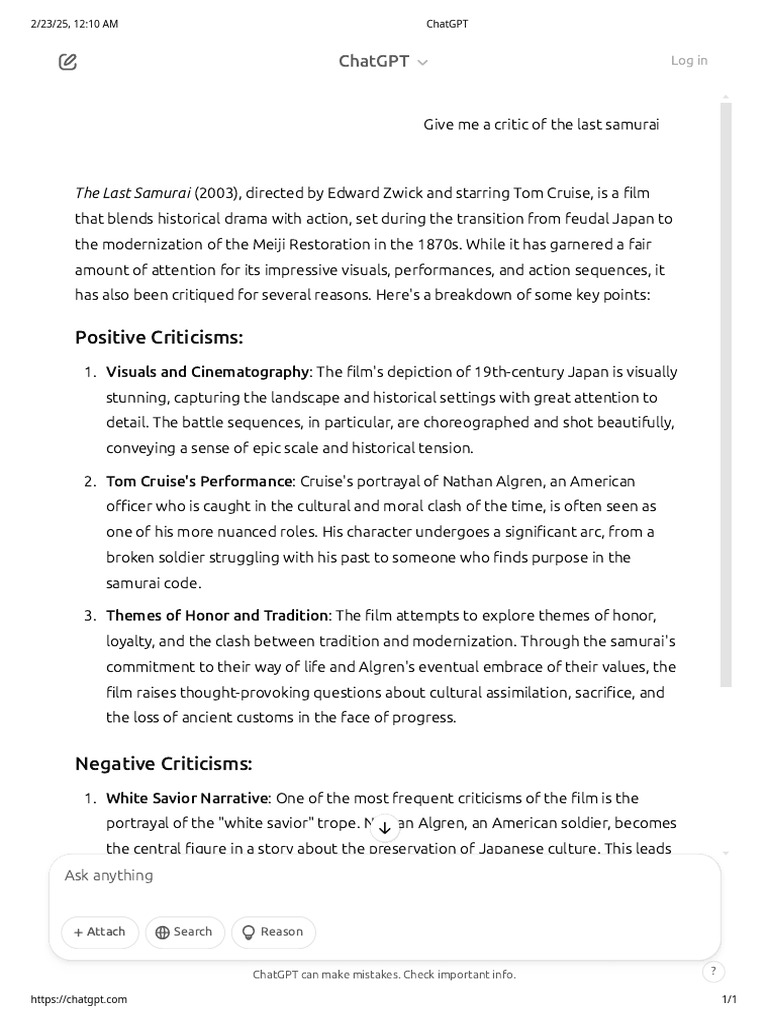 ChatGPT - Critic of last samurai | PDF