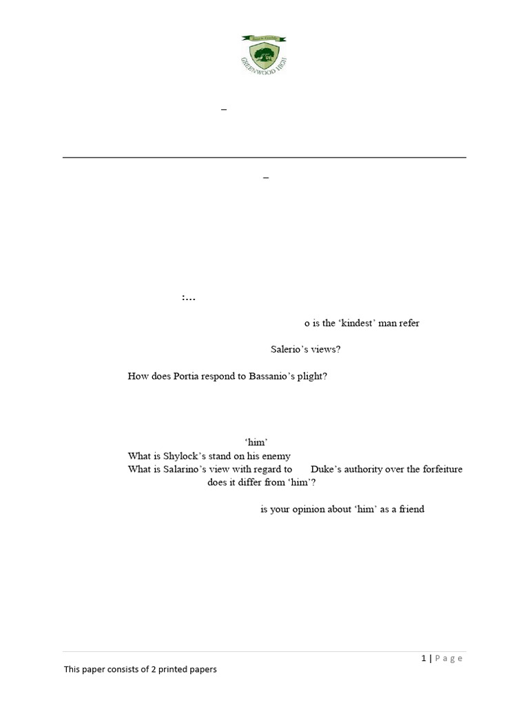 Grade 10 English Literature Test 2021 | PDF | The Merchant Of Venice ...
