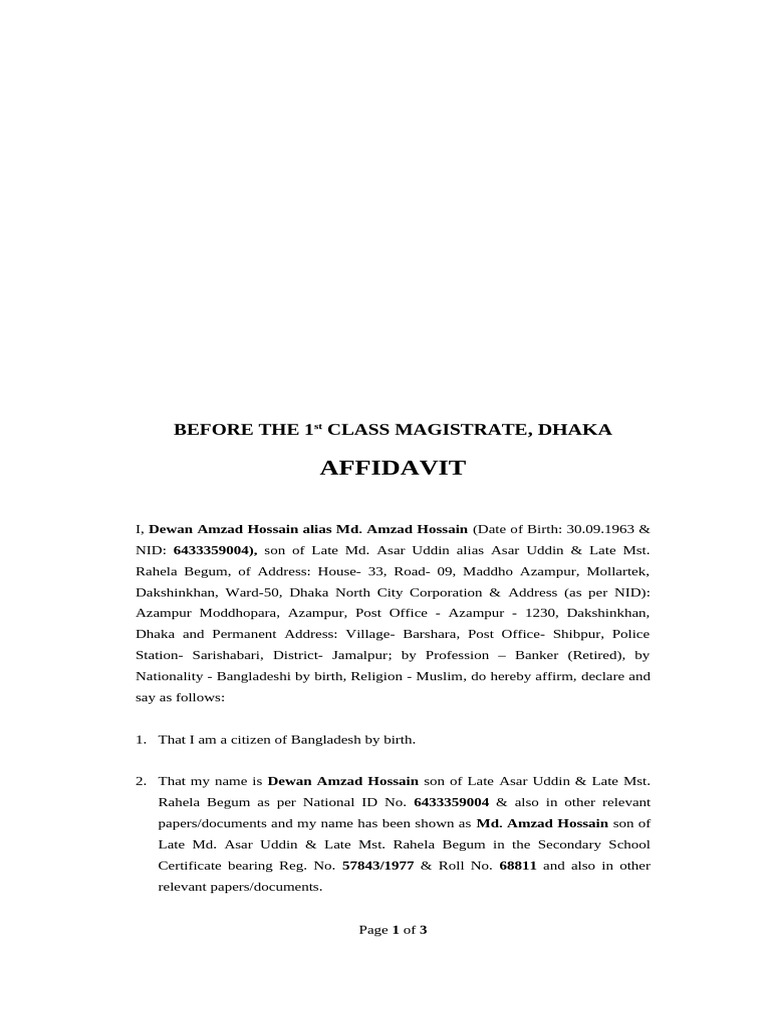 Affidavit for Name Clarification in Dhaka | PDF | Affidavit | Justice